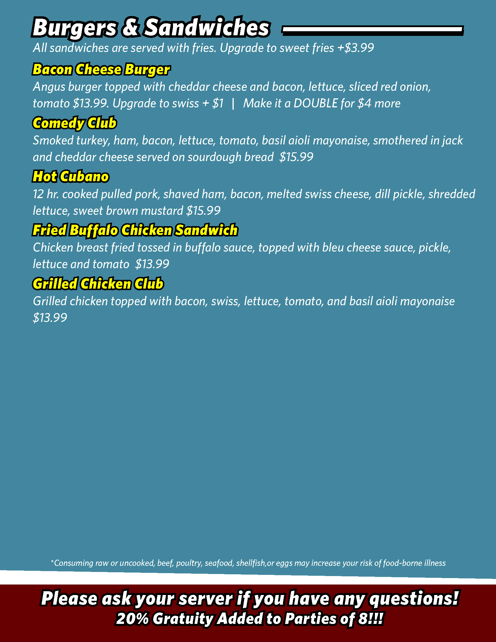 Food & Drink Menu - Columbus Funny Bone Comedy Club & Restaurant