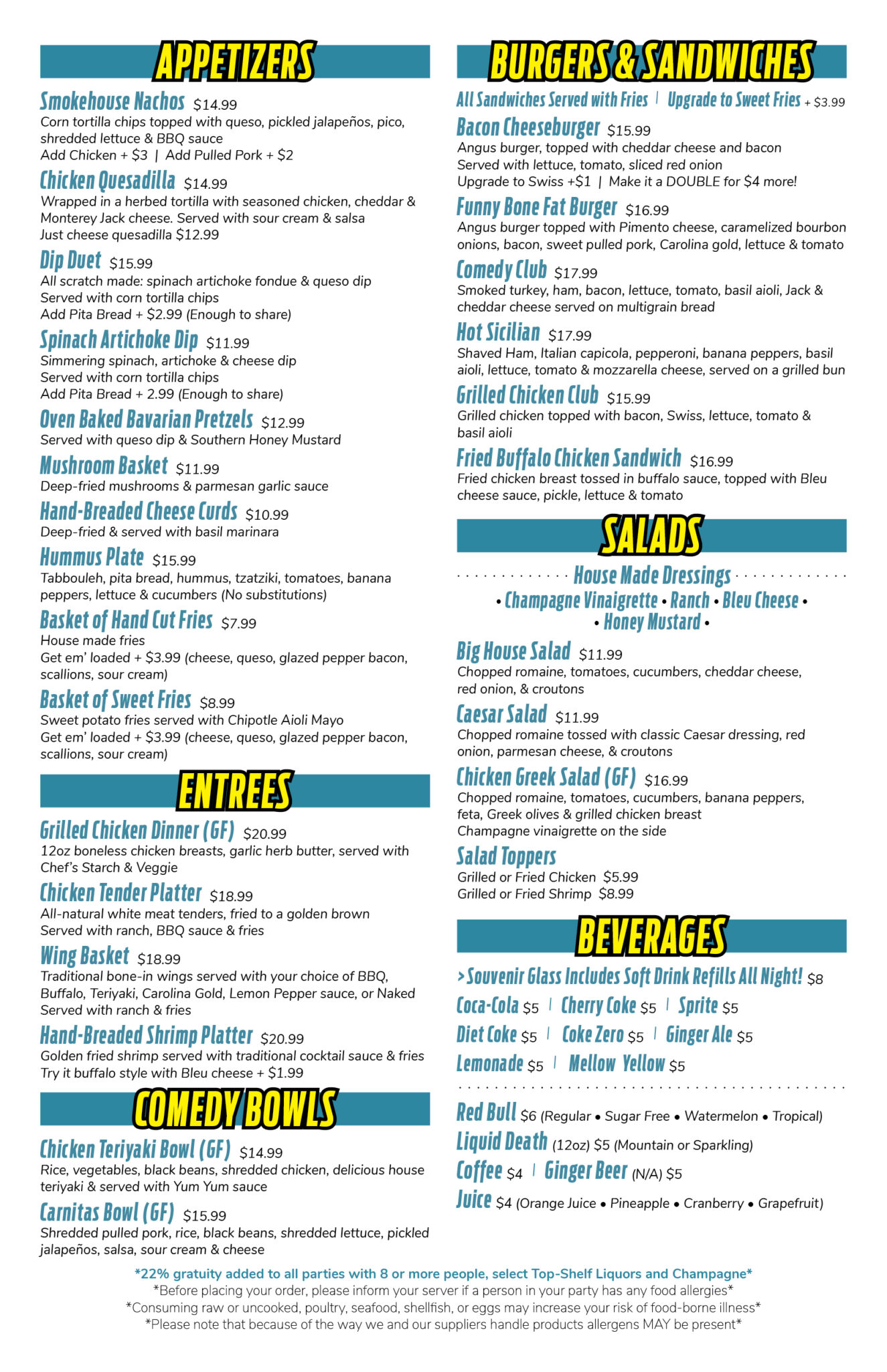 Food & Drink Menu - Columbus Funny Bone Comedy Club & Restaurant